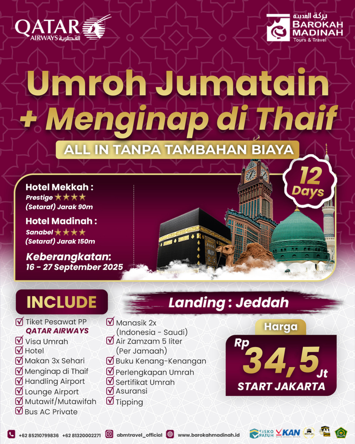 Umroh Jumatain + Menginap di Thaif 16 - 27 September 2025 by Qatar Airways
